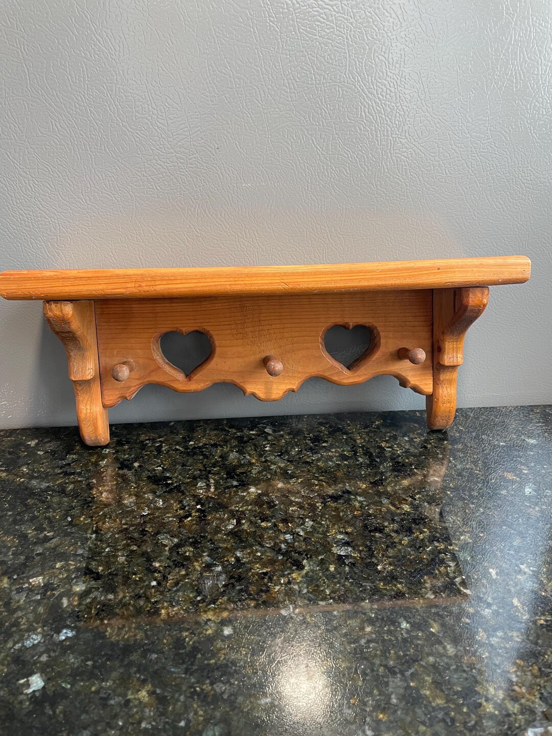 Vintage Solid Wood Hart Cut Out Wall Trinket Display Shelf With Three ...