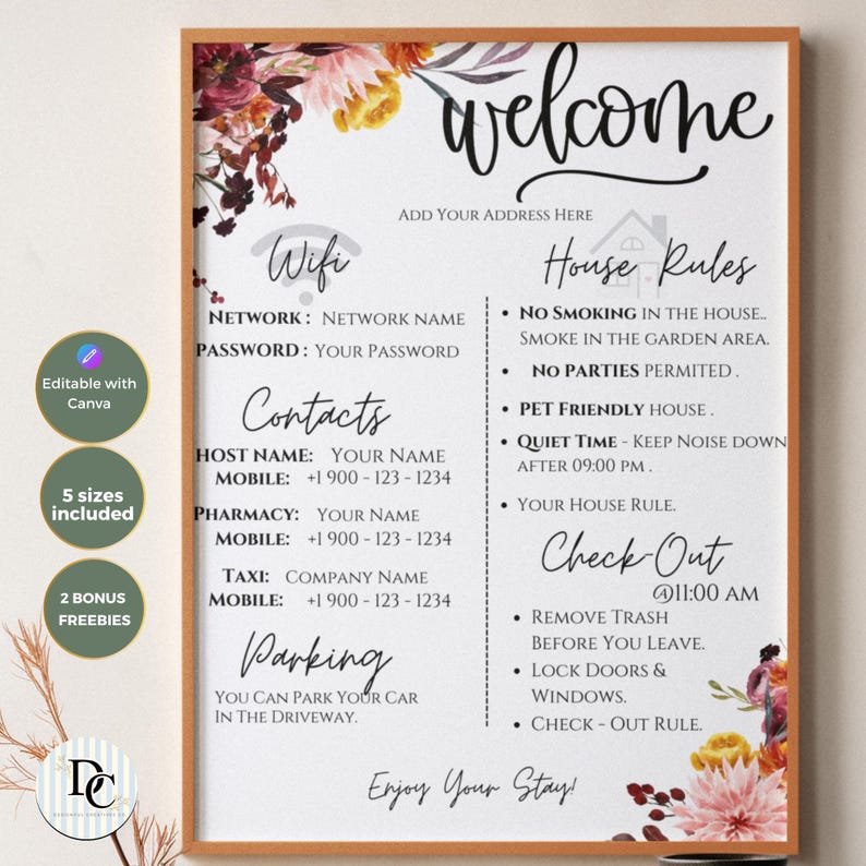 Airbnb Welcome Template, 1 Page, Welcome Guide Airbnb, Airbnb Sign ...