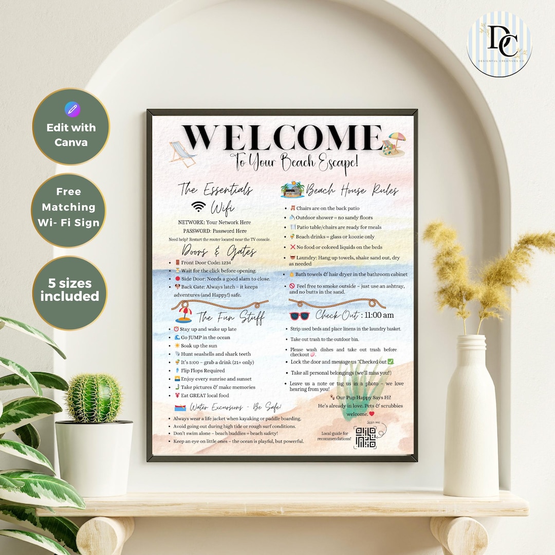 Beach House Welcome Sign Airbnb | Vacation Rental Rules Poster ...