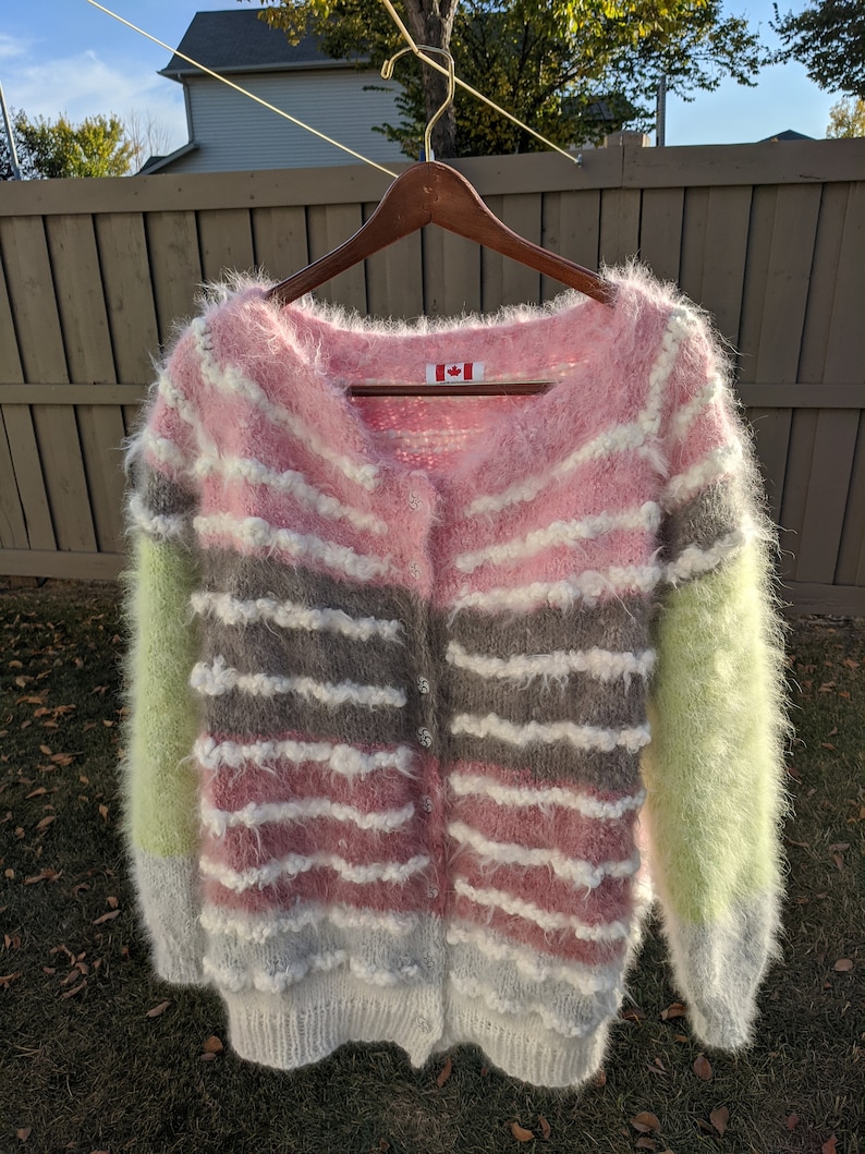 Handmade Angora Cardigan: Pink, Grey & Green Stripes, Super Fluffy (M ...