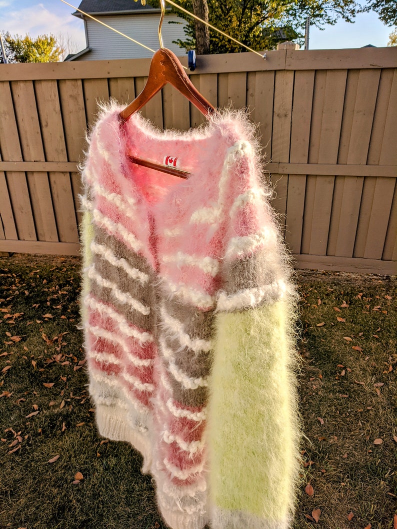 Handmade Angora Cardigan: Pink, Grey & Green Stripes, Super Fluffy (M ...