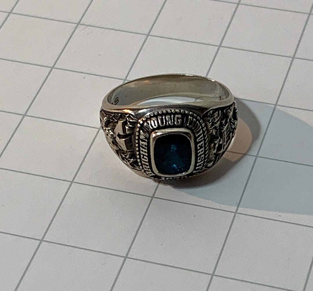 BYU Class Ring Vintage Womens 1964 10k White Gold Blue Stone 6.11 G Sz ...