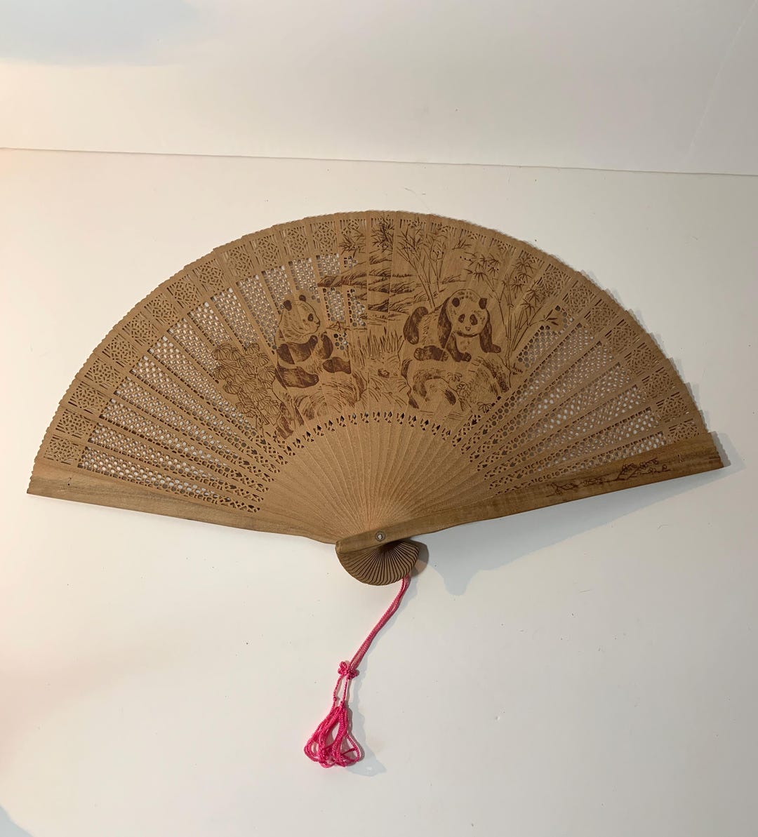 Vintage Chinese Wood Folding Hand Fan Wooden Carving Panda Brown - Etsy