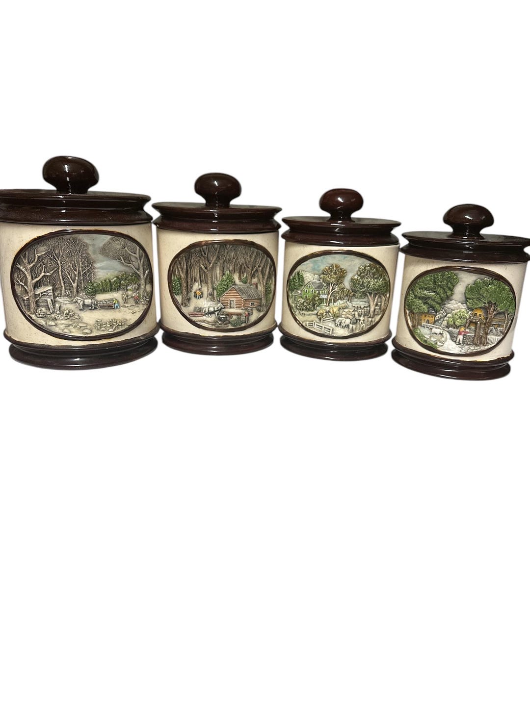 Vintage Hersheys Canister Cookie Jar Set of 4 Concave Landscape Village ...