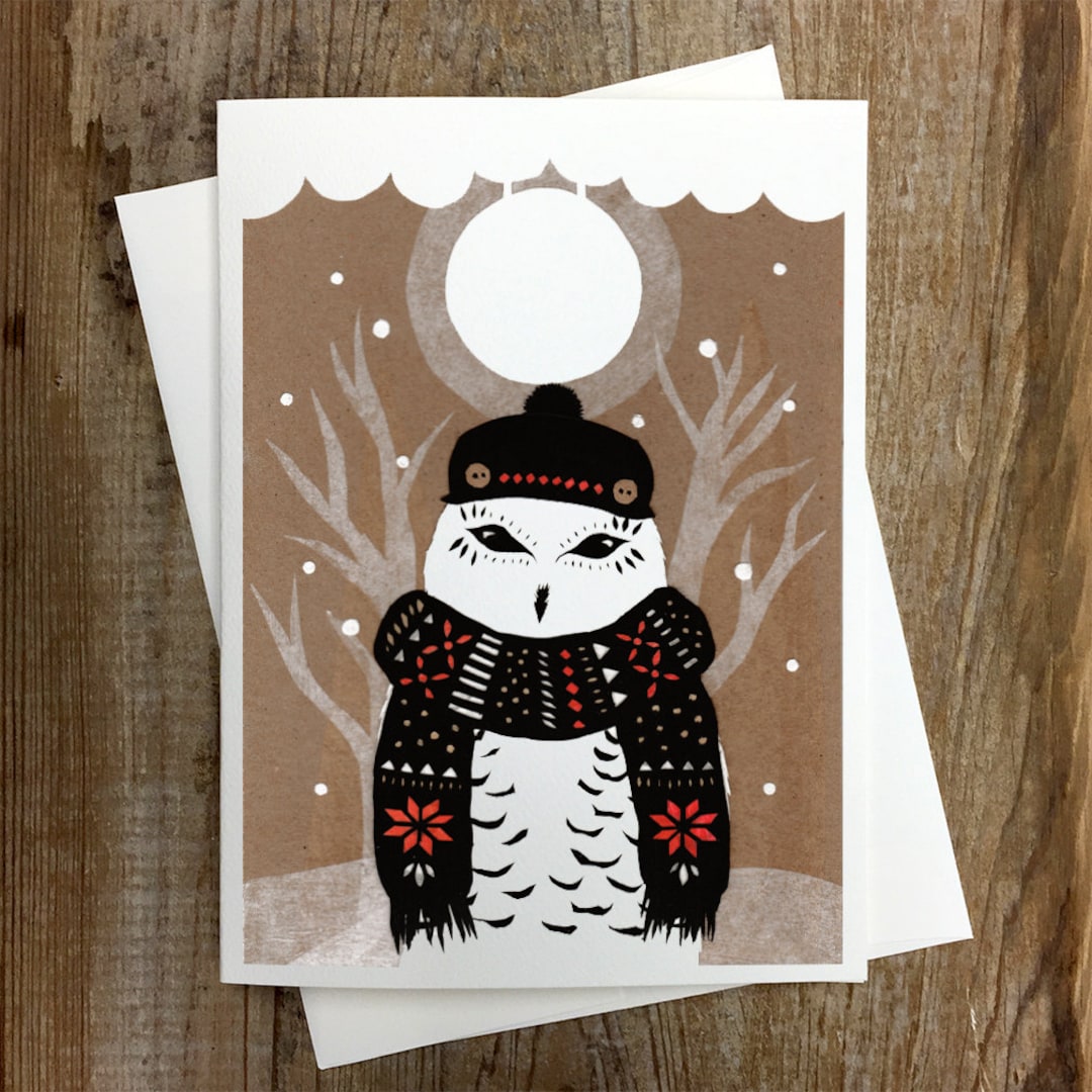 Winter Owl - Greeting Card Blank Inside Holiday Christmas Solstice ...