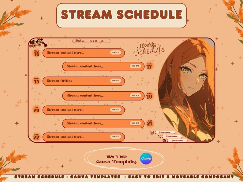 Orange Stream Schedule Template | Weekly Twitch & Vtuber Planner ...