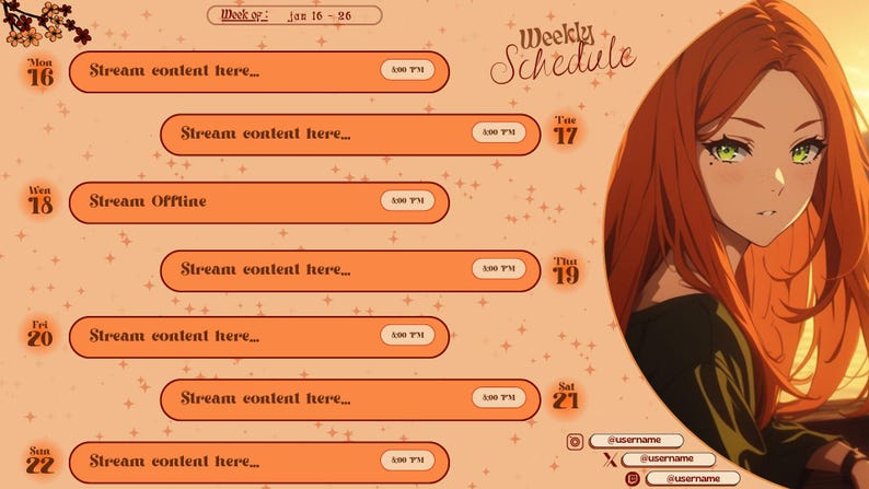 Orange Stream Schedule Template | Weekly Twitch & Vtuber Planner ...