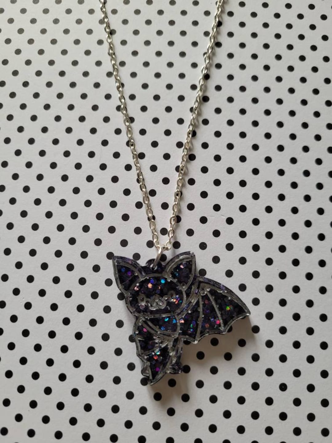 Bat - Hanging Bat - Flying Bat - Black Rainbow Bat - Glitter Bat - Bat Necklace - Bat Pendant ...
