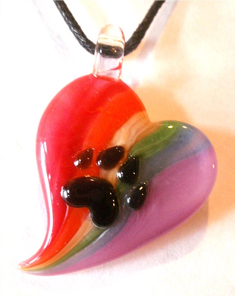 Handblown Glass Pawprint Rainbow Bridge Heart Pendant Animal Lover ...