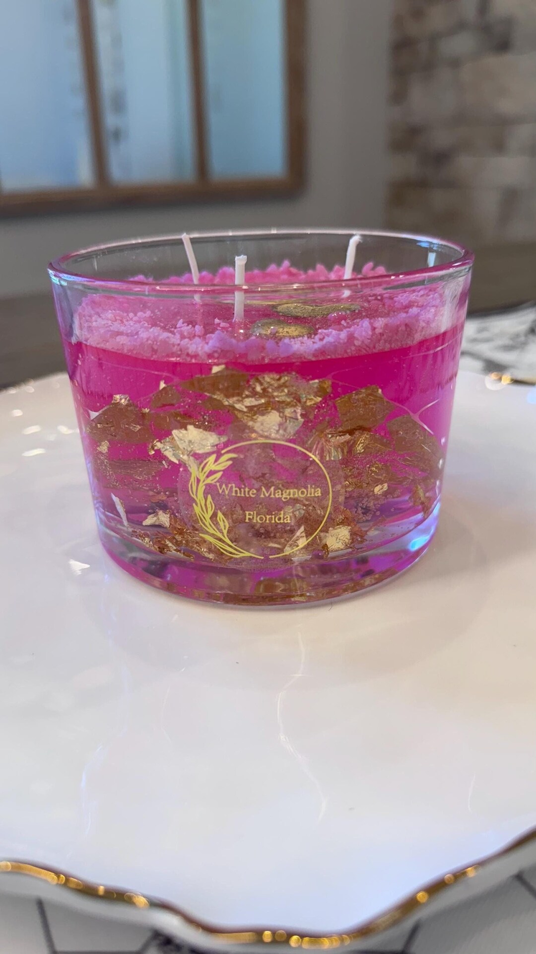 18 Oz. Hot Pink Jell Candle in a Glass Jar, With Golden Flakes, 3 ...