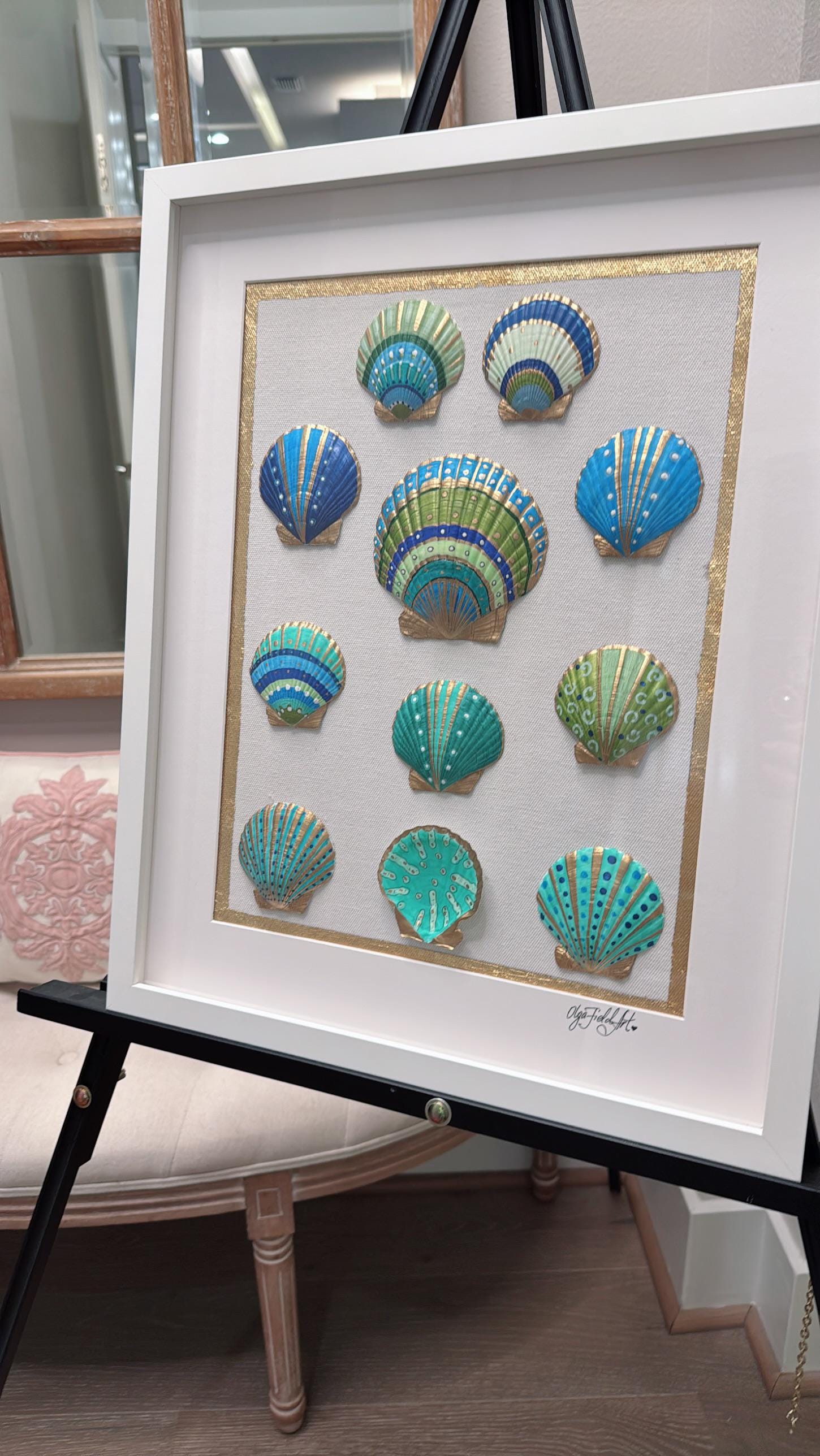 Hand-painted Scallop Shell Art: Framed Coastal Home Decor (26x20 In) - Etsy