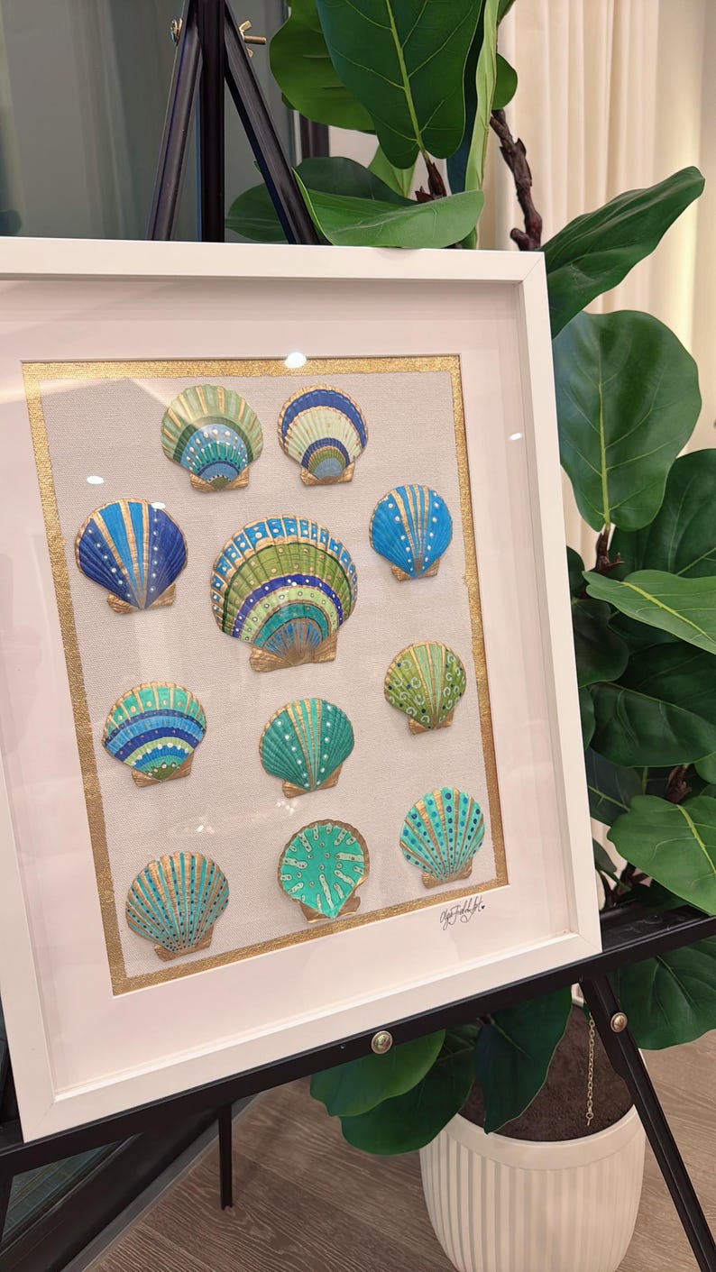 Hand-painted Scallop Shell Art: Framed Coastal Home Decor (26x20 In) - Etsy