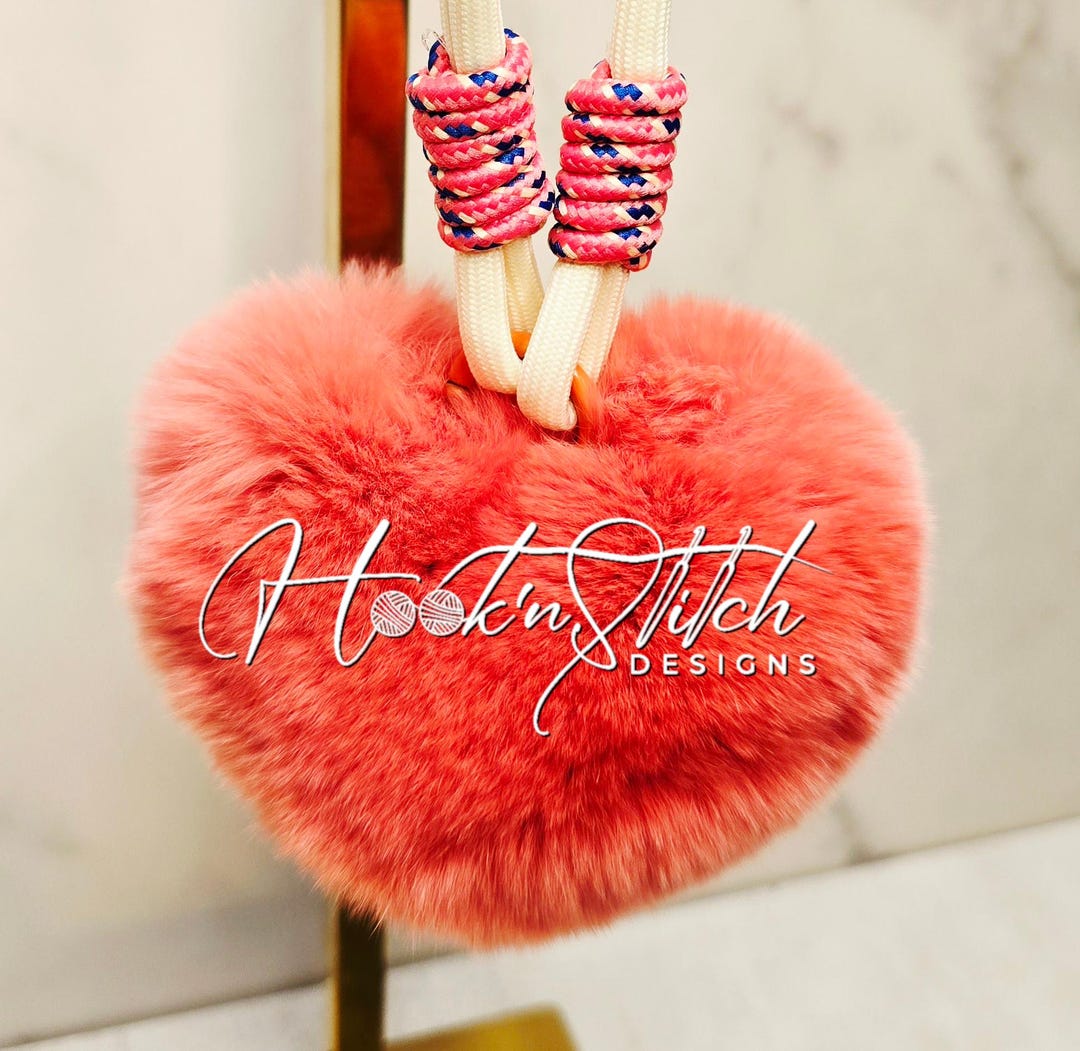 Pink Plush Heart Bag Charm – Faux Fur Keychain Accessory With Braided ...