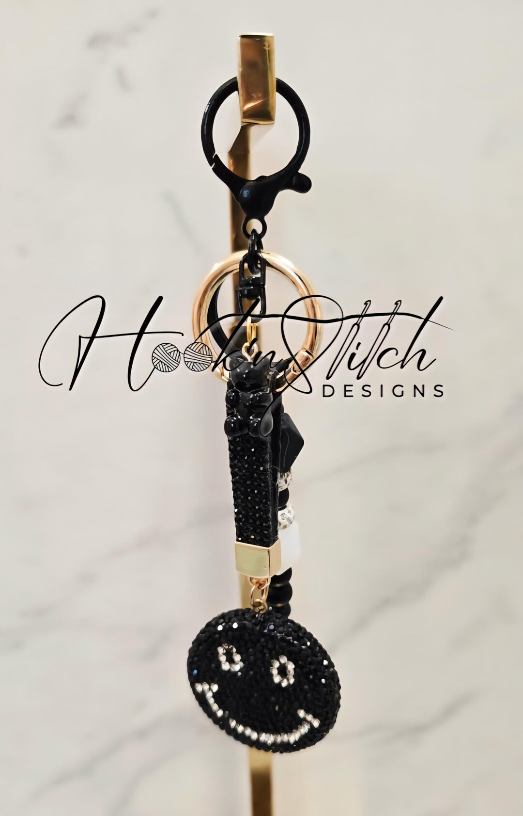 Black Bling Beaded Smiley W Strap & Bear Bag Charm Cluster Handbag ...