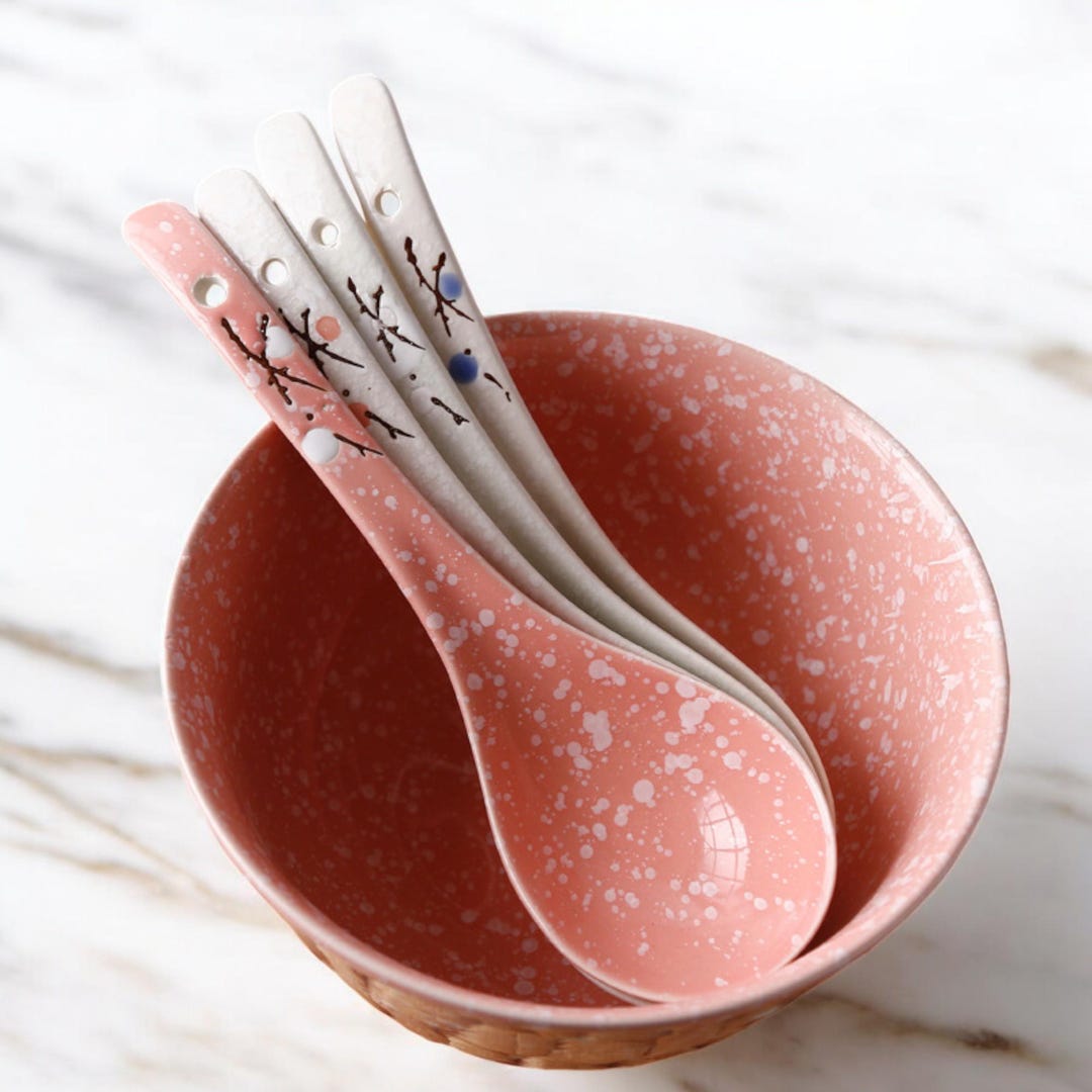 Rustic Japanese Ceramic Noodle Spoon Floral Pattern Pho Ramen Soup ...