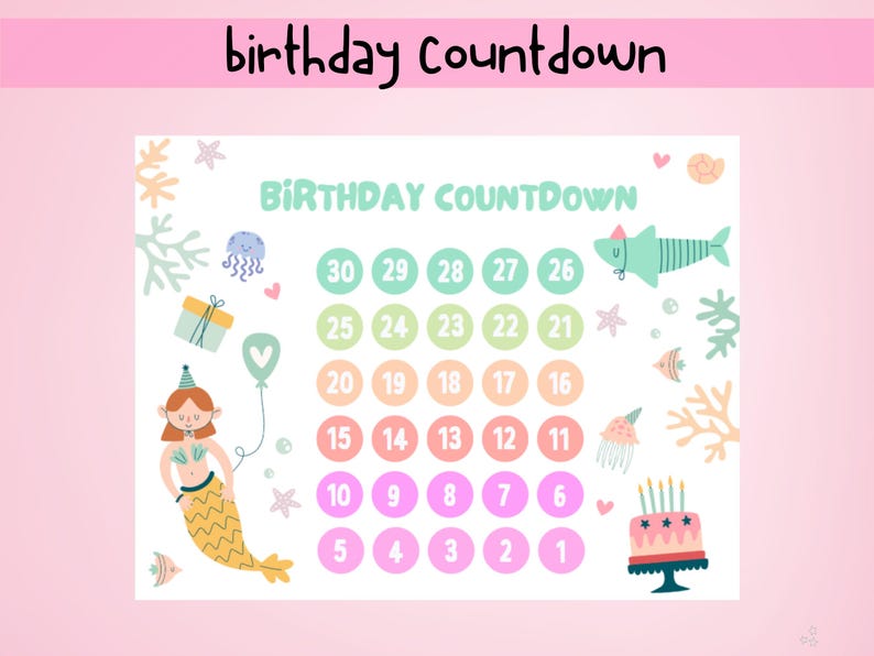 Birthday Countdown Printable, Kids Birthday Countdown, Mermaid Birthday ...
