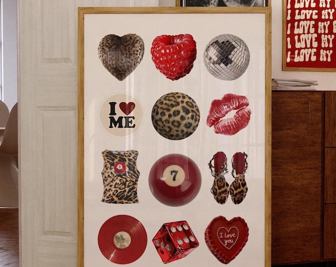 Disco Collage Prints Red Leopard Print Lucky Ball Poster Fashion Prints ...