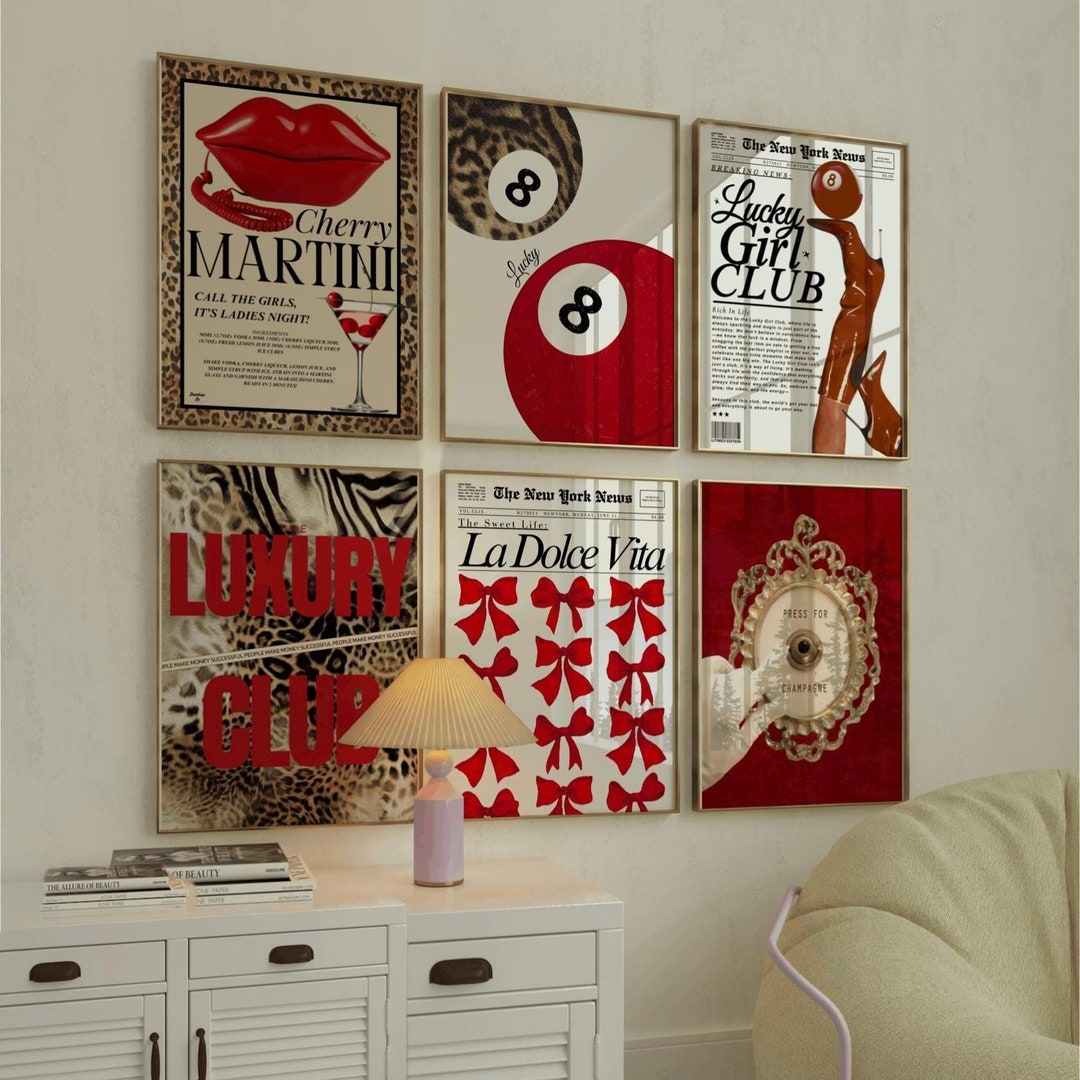 Retro Red Gallery Wall Art Prints: Leopard, Martini, Lucky Girl ...