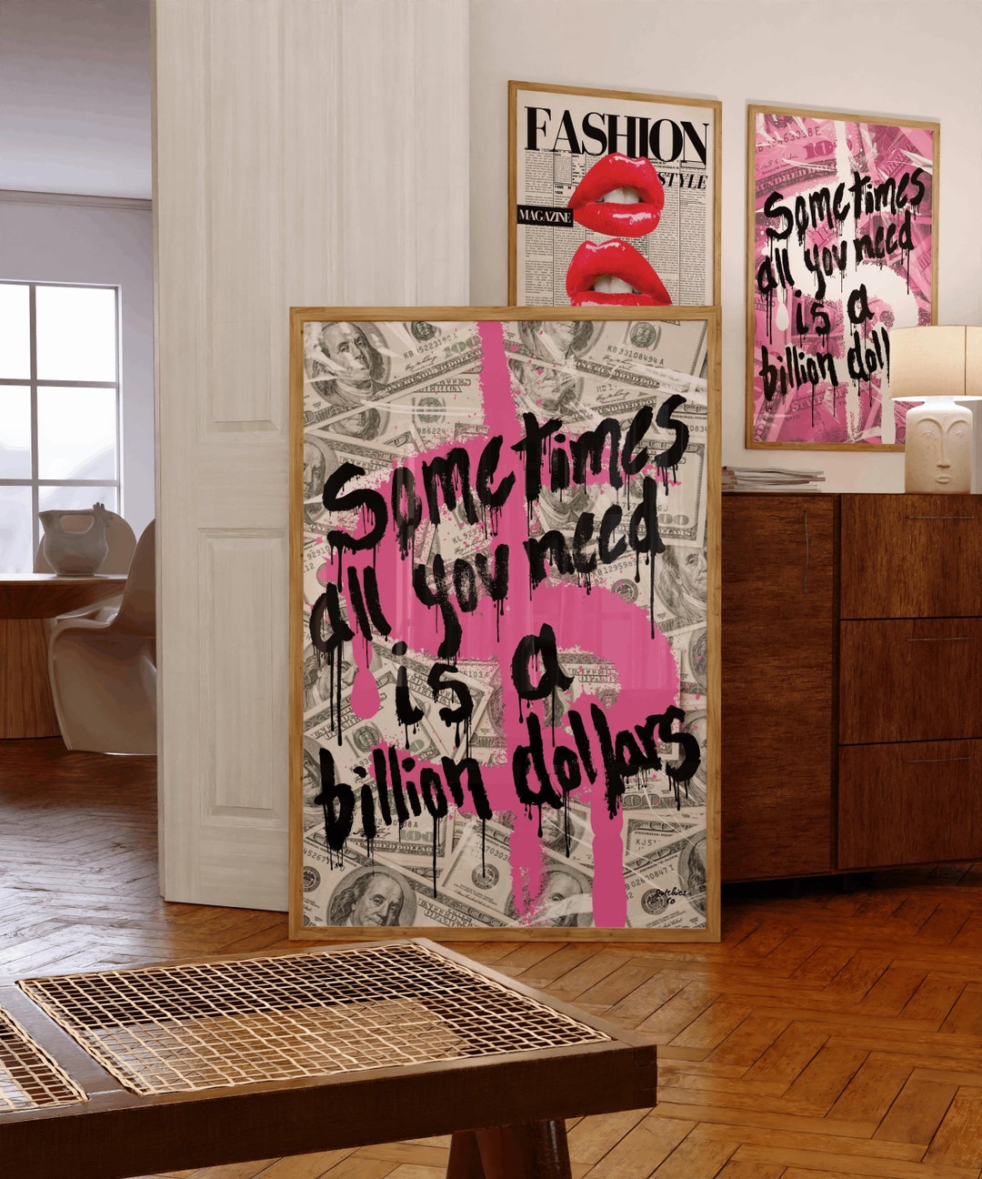 Money Poster, Typography Print, 70s Print, Pink Bedroom Decor, Bathroom ...