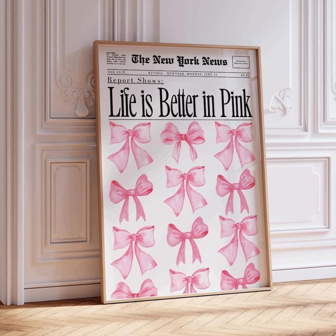 Pink Bow Newspaper Print: Girly Coquette Dorm Decor (digital Download ...