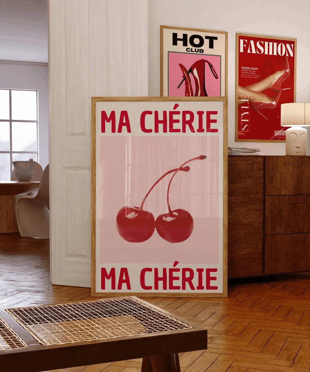 Ma Cherie Poster, Pink Red Art, French Wall Decor, Cherry Poster, 70s ...