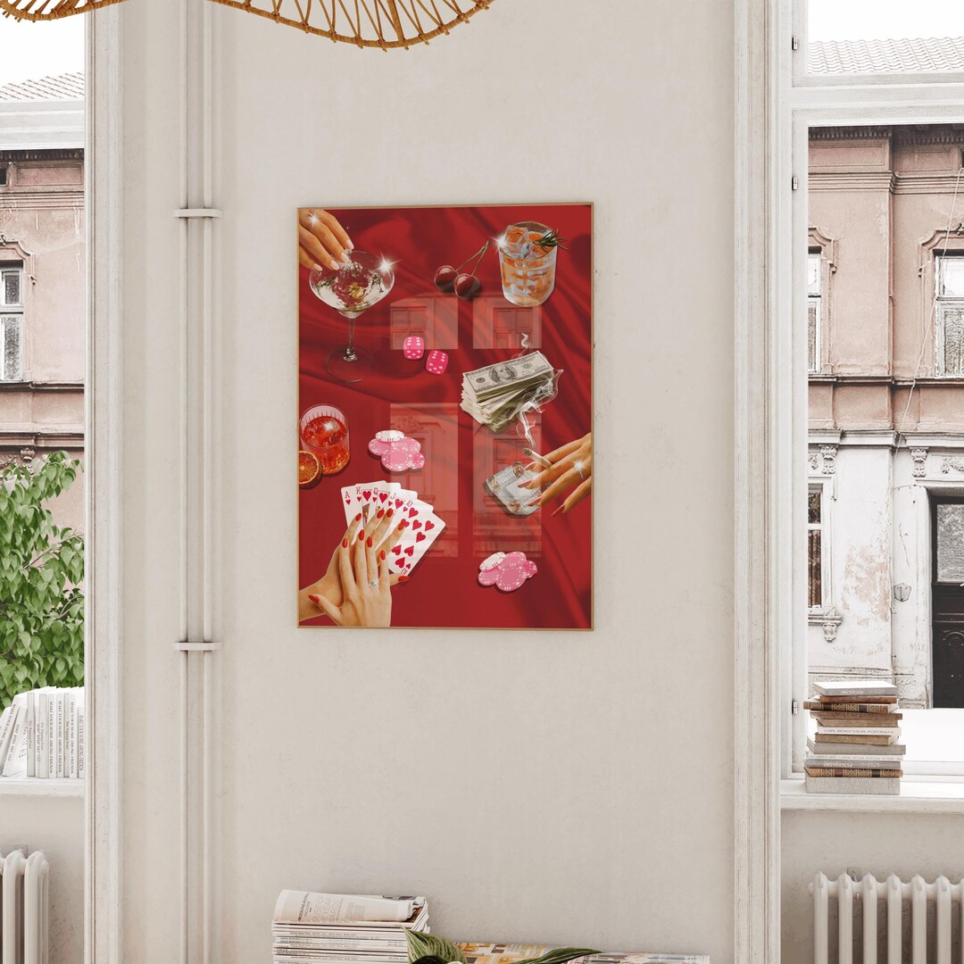Red Bar Cart Poster, 70s Print, Cocktail Print, Girly Prints, Cute ...