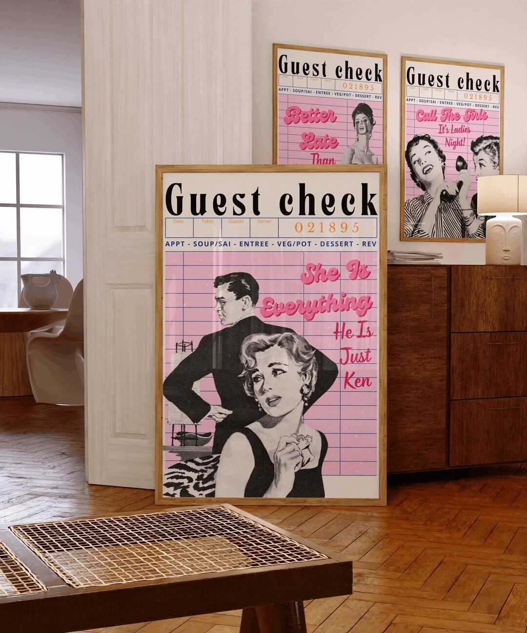 Pink Guest Check, 70s Print, Girly Wall Art, Dopamine Decor, Pink Wall ...