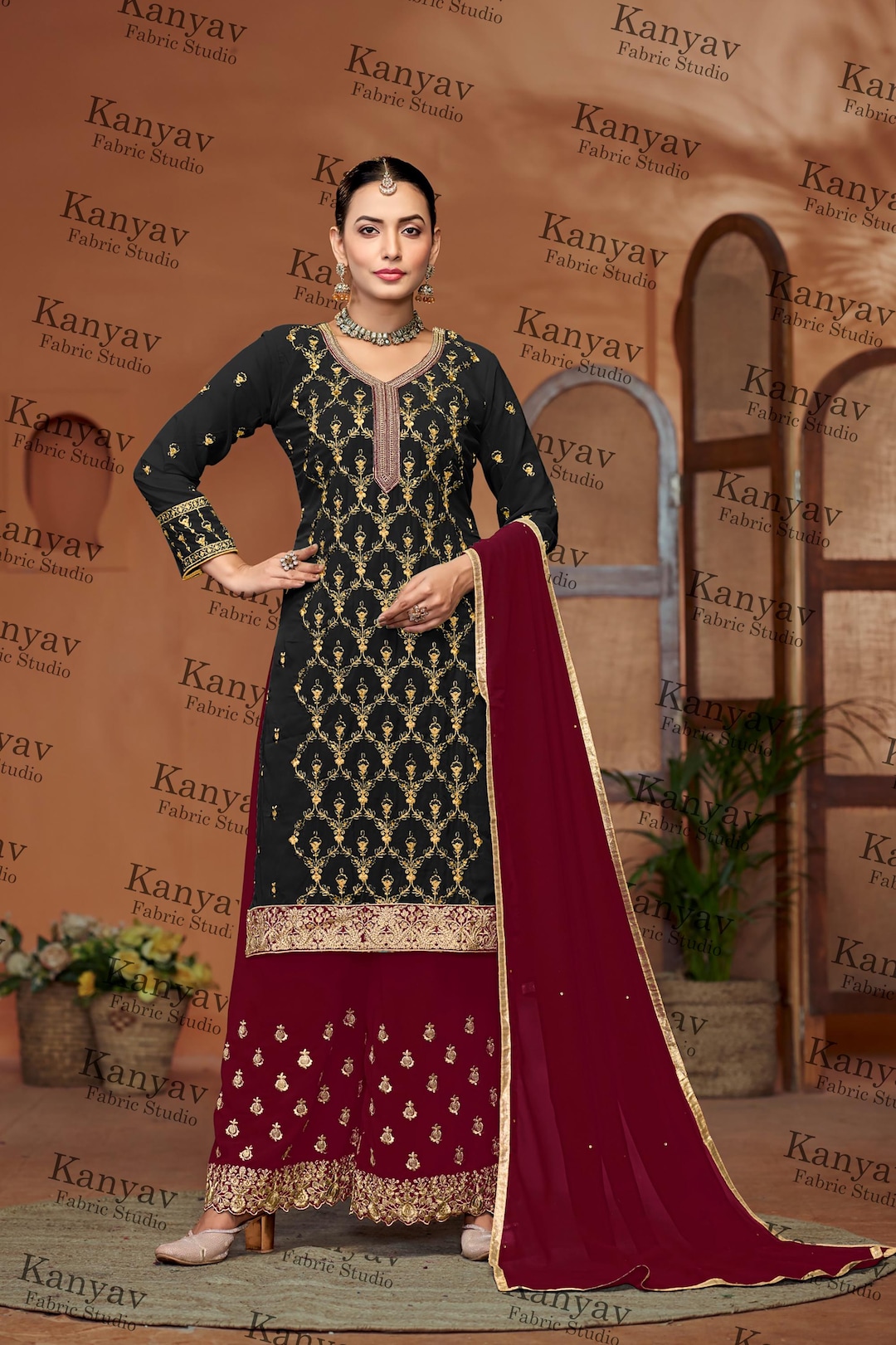 Straight Kurtis Palazzo Set, Embroidered Silk Georgette 3 Piece ...