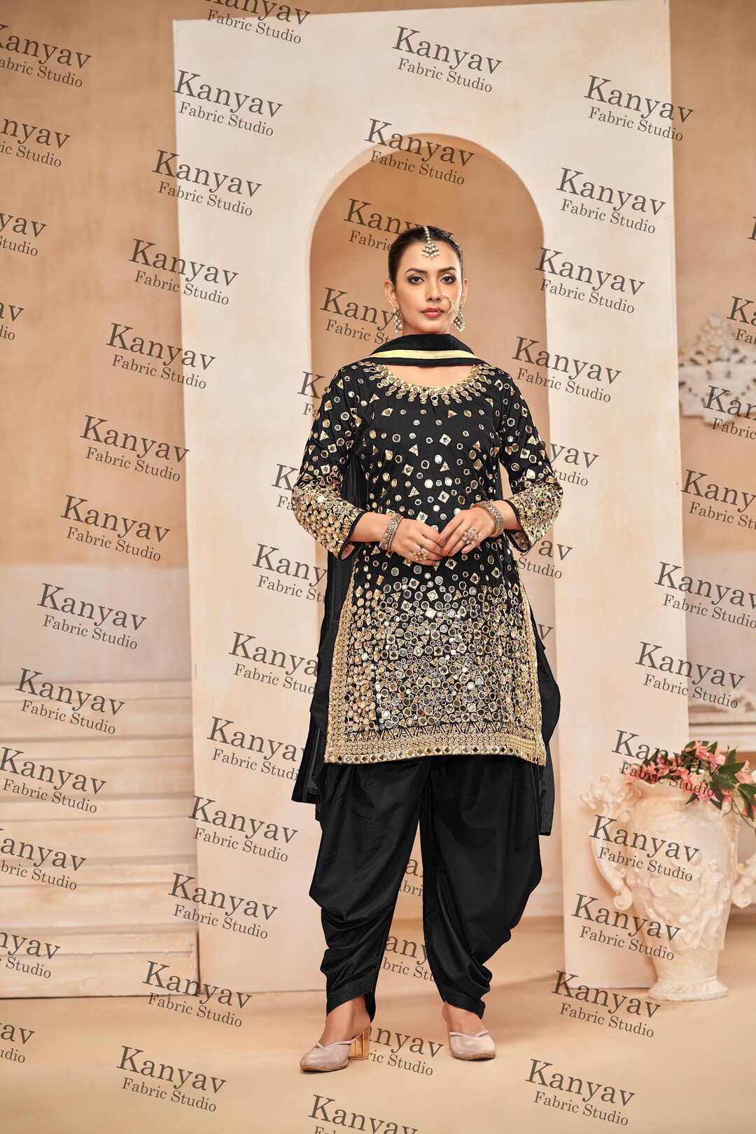 Black Embroidered Patiala Suit, Stone Embellishment, Wedding Party Wear ...