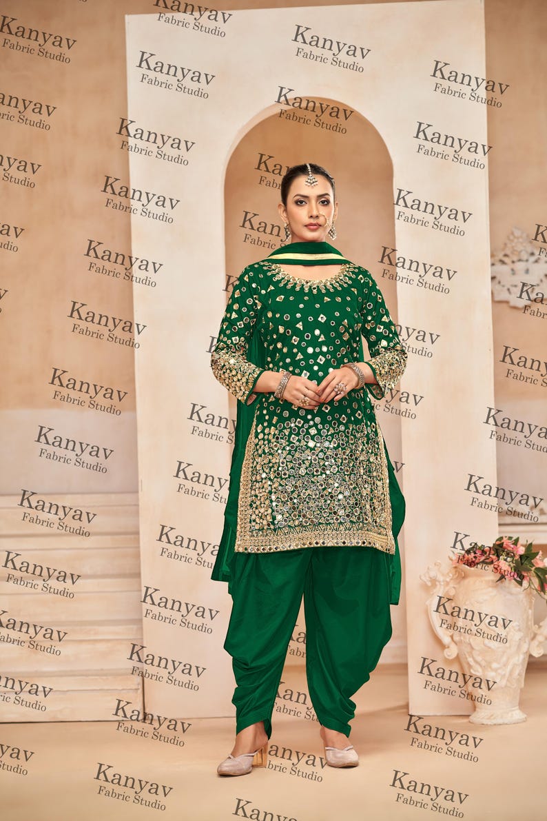 Embroidered Mirror Work Salwar Kameez Suit - Indian Punjabi Style Dress ...
