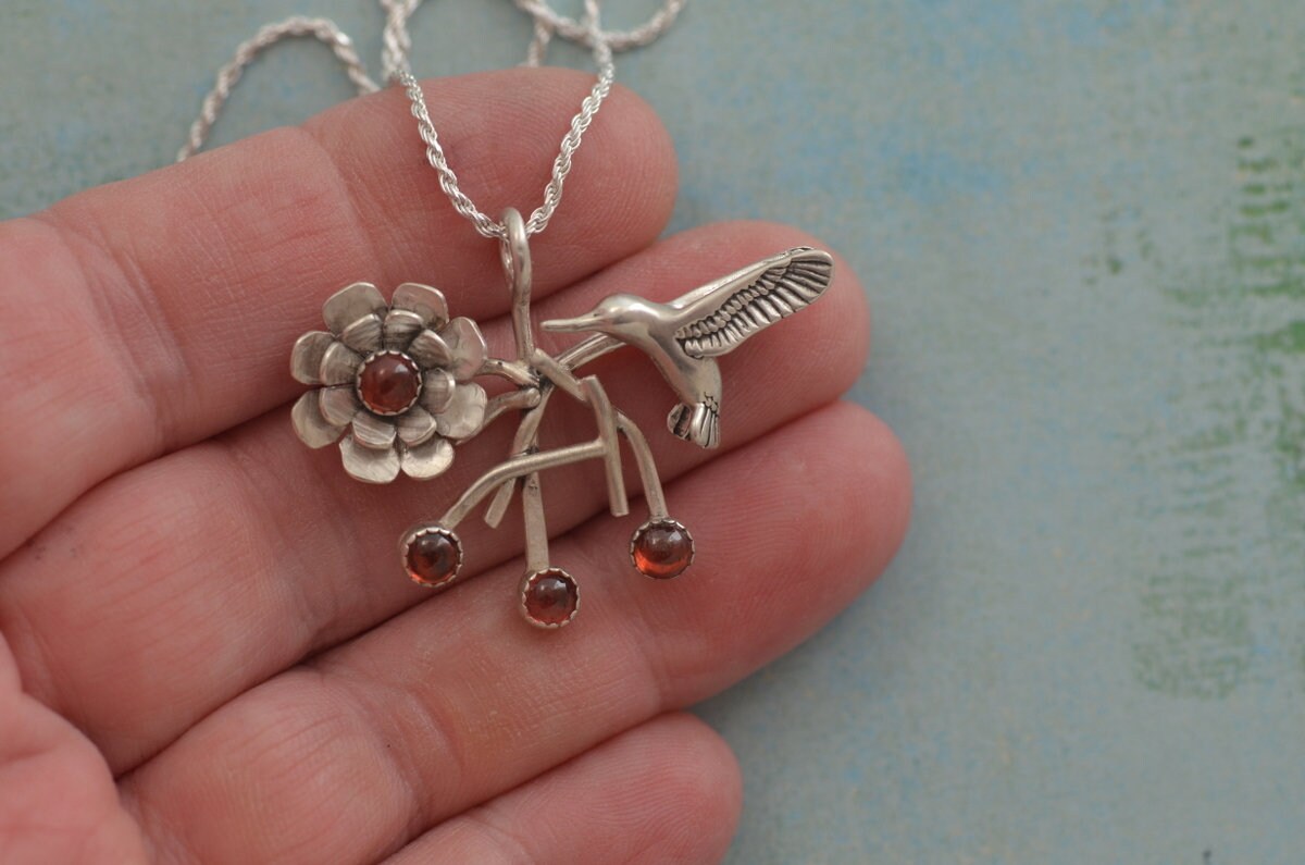 Hummingbird Necklace Hummingbird Gift for Women Sterling Silver Flower ...