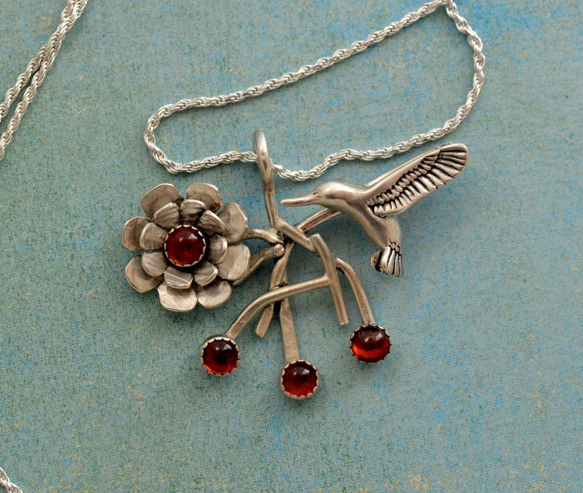 Hummingbird Necklace Hummingbird Gift for Women Sterling Silver Flower ...