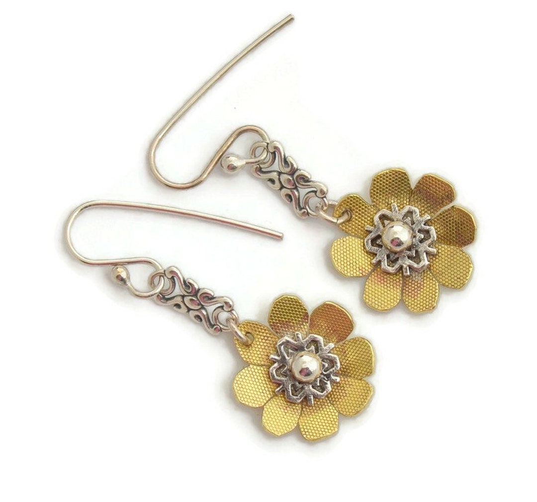 Handmade Brass Gold Daisy Flower Dangle Earring Mixed Metal Jewelry ...