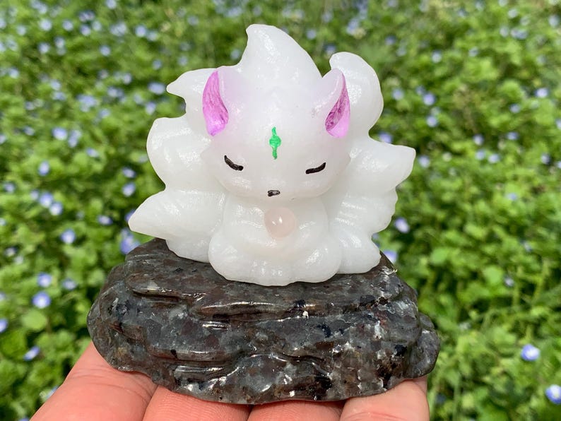 Hand Carved White Jade Nine-tailed Fox Crystal: Yooperlite Quartz (3.1 ...