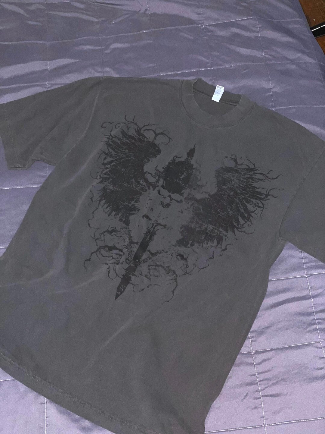 GREY Winged Skull With Sword Cyber Sigil Graphic Y2K Streetwear ...