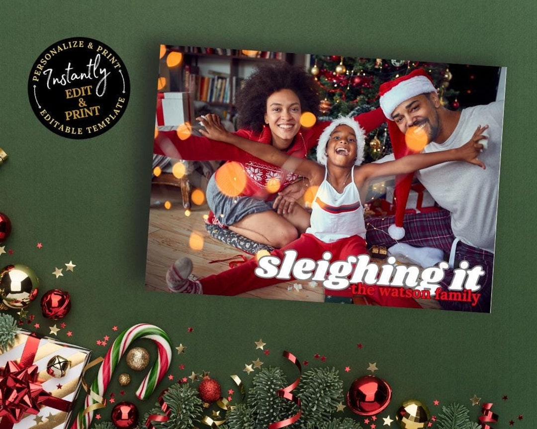 Photo Christmas Card Template | Sleighing It Photo Holiday Card | Funny ...