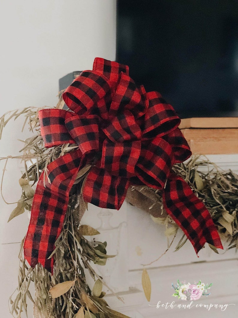 Red And Black Buffalo Plaid Wreath Bow Free Shipping Etsy