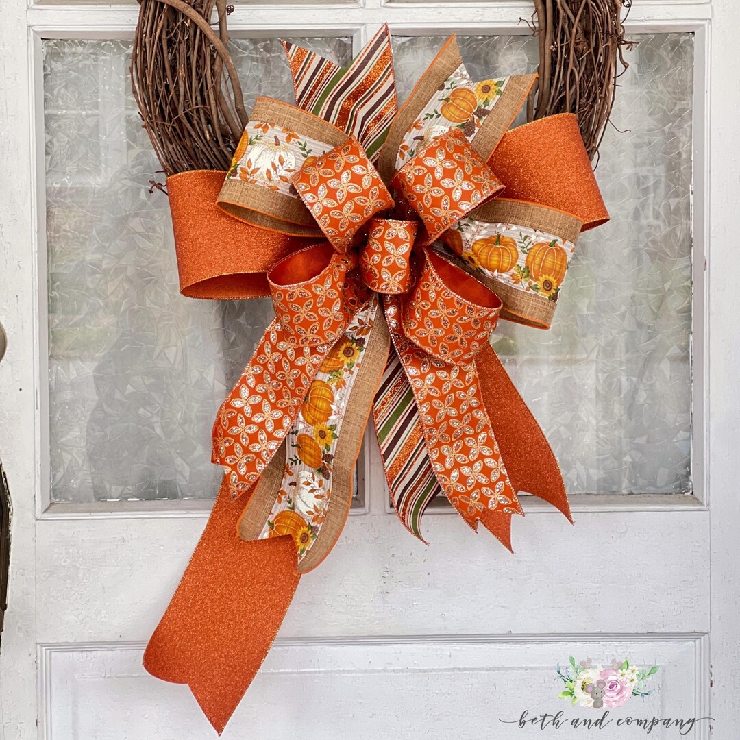 Oversized Fall Wreath Bow: Rust Glitter, Burlap Pumpkin Accent - Etsy