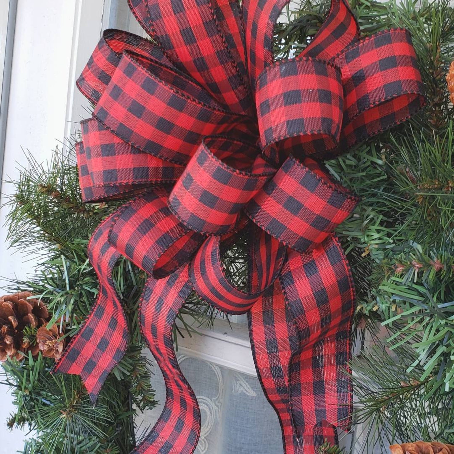 Red And Black Buffalo Plaid Wreath Bow 1 5 Ribbon Etsy