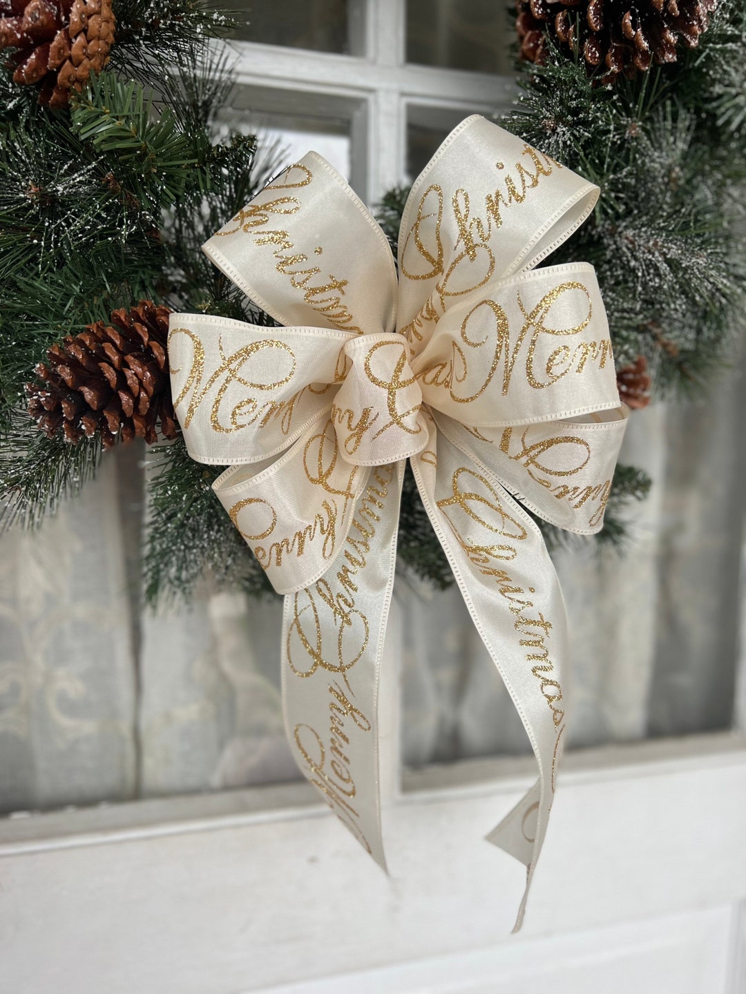 Christmas Bow Gold Glitter & Ivory Bow Merry Christmas Script Matching ...