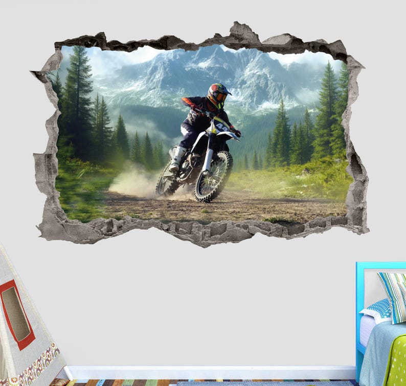3D Motocross Wall Decal | Dirt Bike Rider Broken Wall Sticker (boys ...