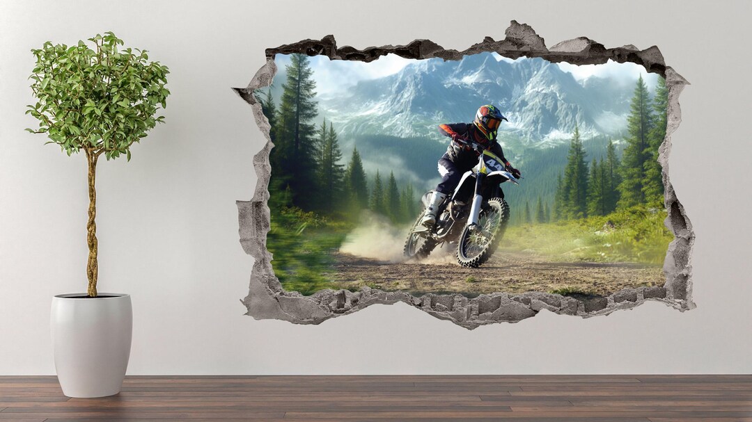 3D Motocross Wall Decal | Dirt Bike Rider Broken Wall Sticker (boys ...