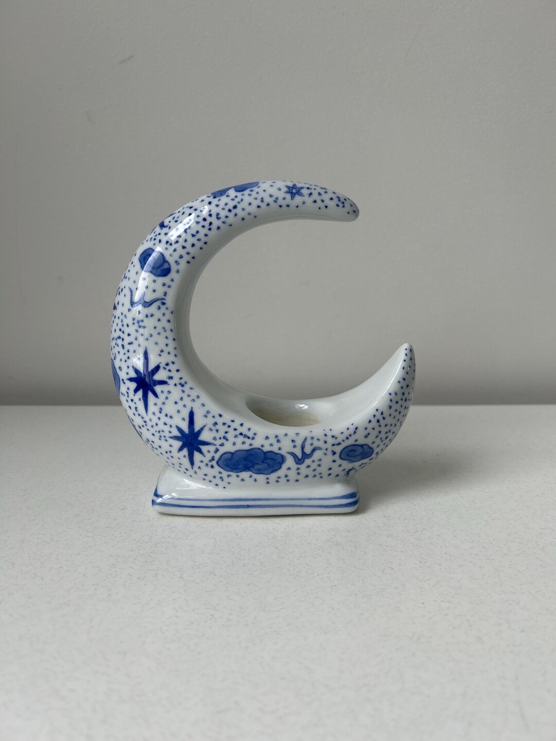 Vintage White and Blue Ceramic Moon Celestial Tealight Candleholder - Etsy