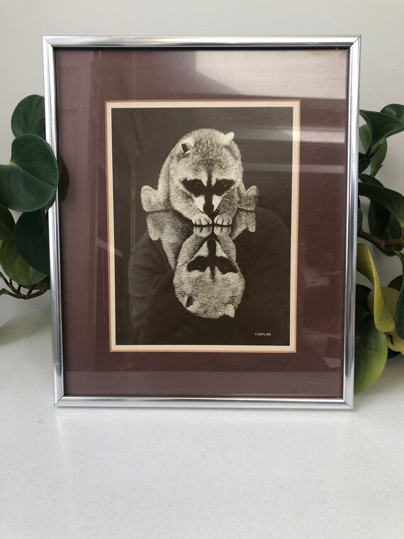 Vintage Framed Chaplan Lithograph of Raccoon Reflection | Etsy