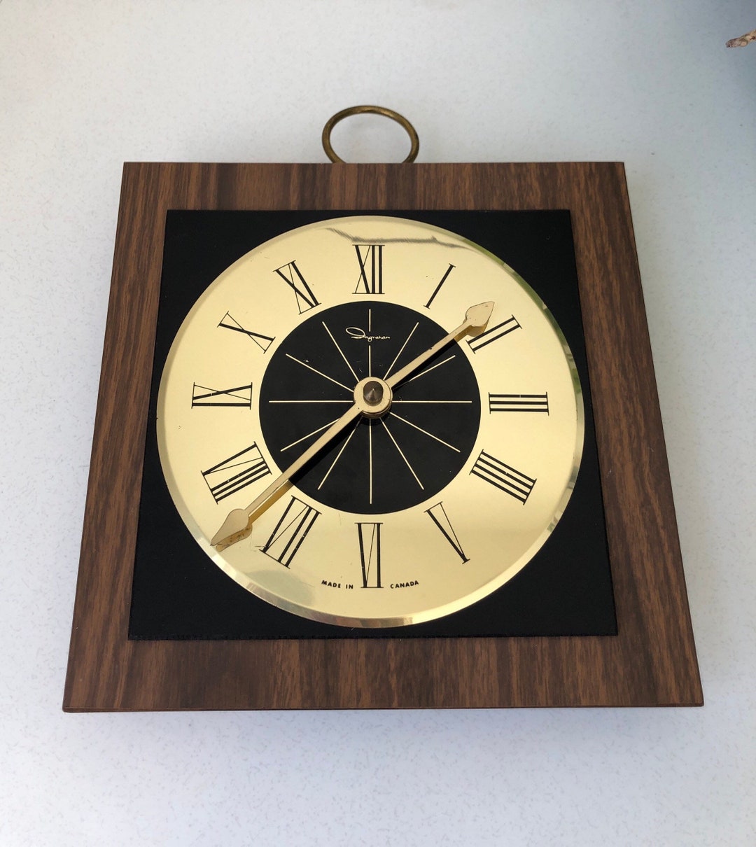 Vintage Ingraham Square Wood and Brass Wall Clock - Etsy