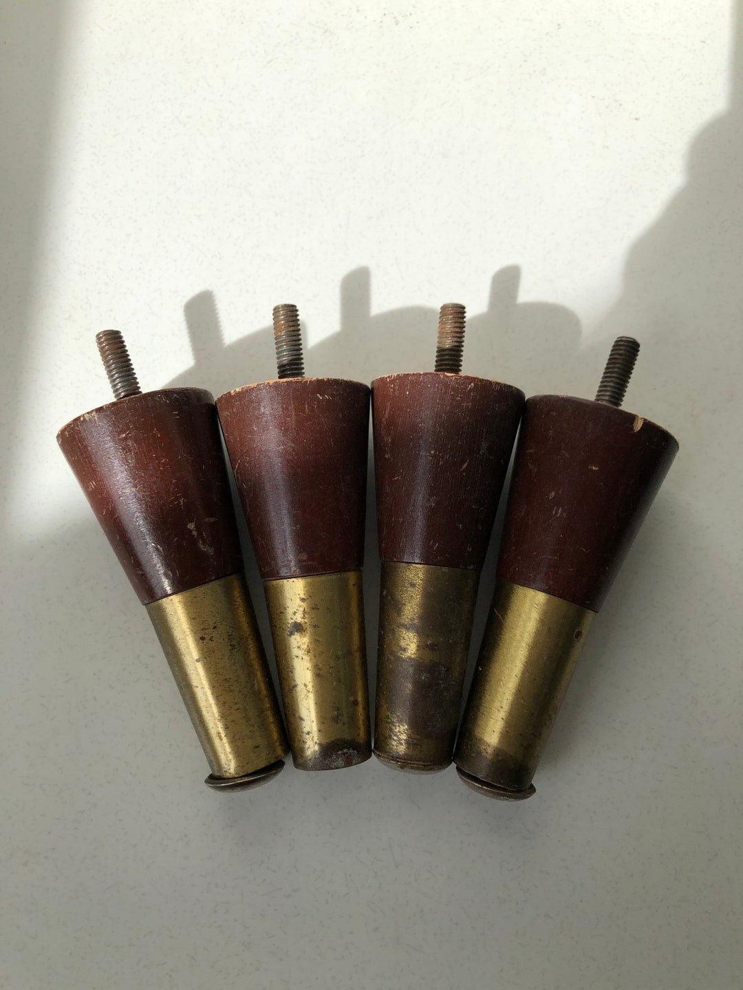 Set of 4 Vintage MCM Solid Dark Wood Short Tapered Furniture Legs Brass ...