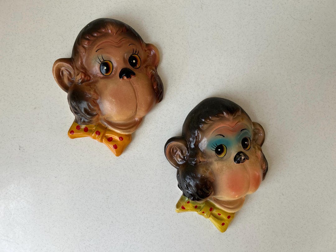 Set of 2 Vintage Plaster Cheeky Monkey Faces With Bow Ties - Etsy