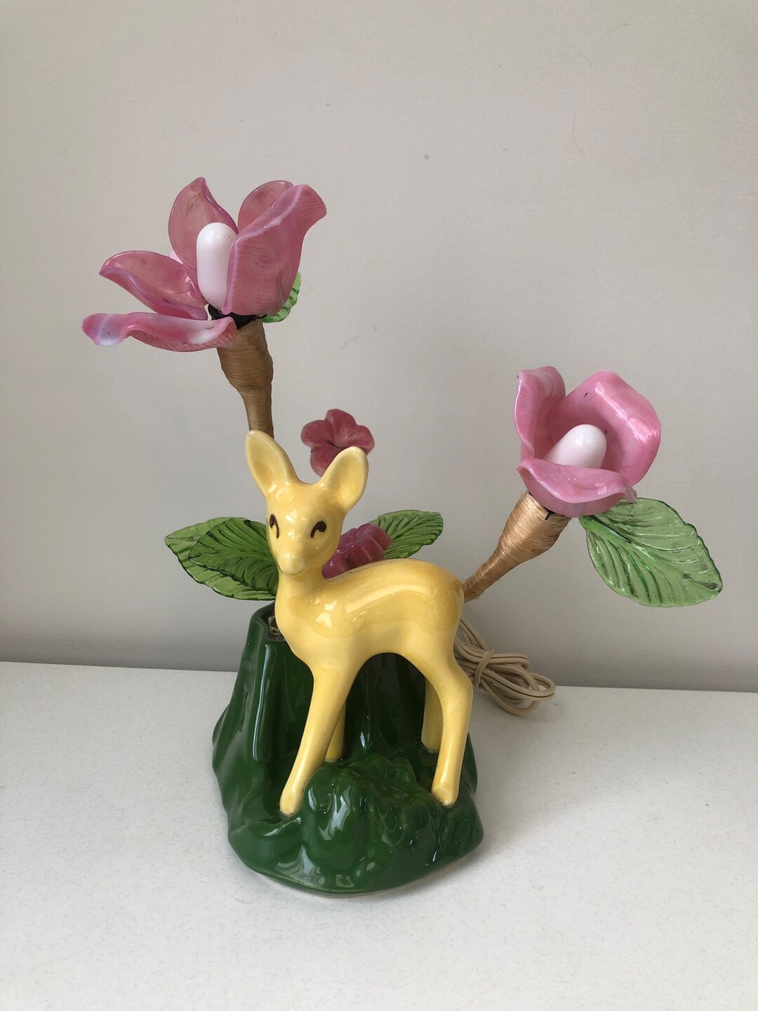 Vintage Richard Singer and Sons Ceramic Deer and Glass Flower MCM Lamp ...