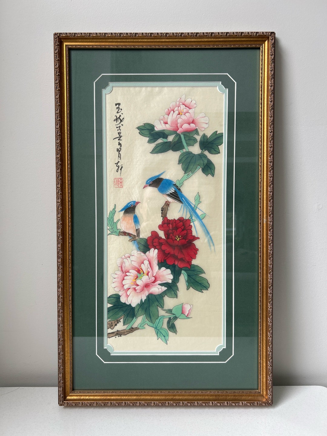 Vintage Framed Original Silk Chinese Blue Birds Floral Painting - Etsy