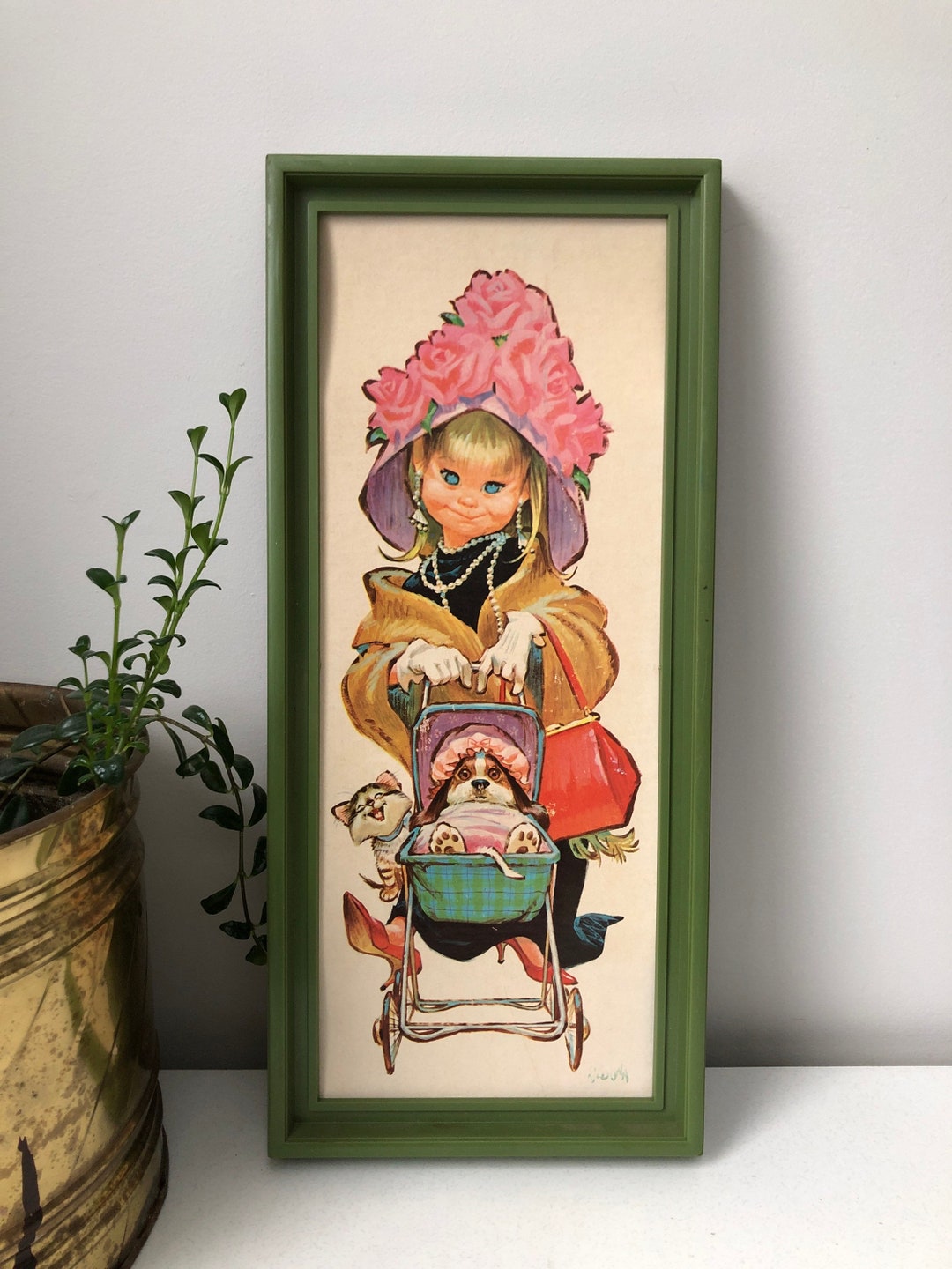 Vintage Lithograph of Cute Big Eye Girl Framed - Etsy